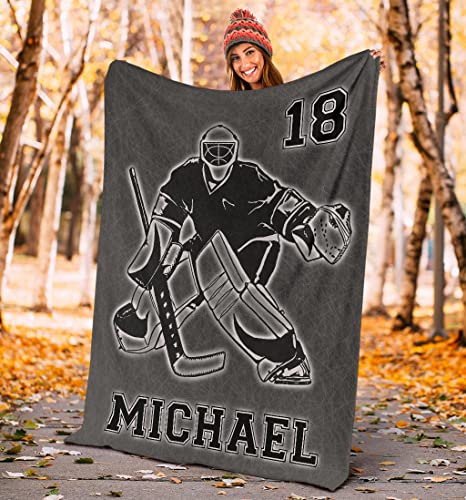 OhaPrints Custom Dark Grey Hockey Blanket Hockey Boy Player Personalized Name Number Soft Sherpa Throw Blankets Cozy Fuzzy Fleece Throws for Tv Sofa Couch Comfy Fluffy Blanket 30X40 50X60 60X80