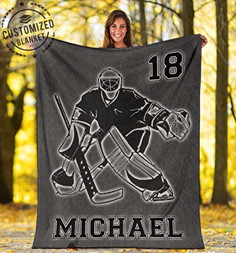 OhaPrints Custom Dark Grey Hockey Blanket Hockey Boy Player Personalized Name Number Soft Sherpa Throw Blankets Cozy Fuzzy Fleece Throws for Tv Sofa Couch Comfy Fluffy Blanket 30X40 50X60 60X80