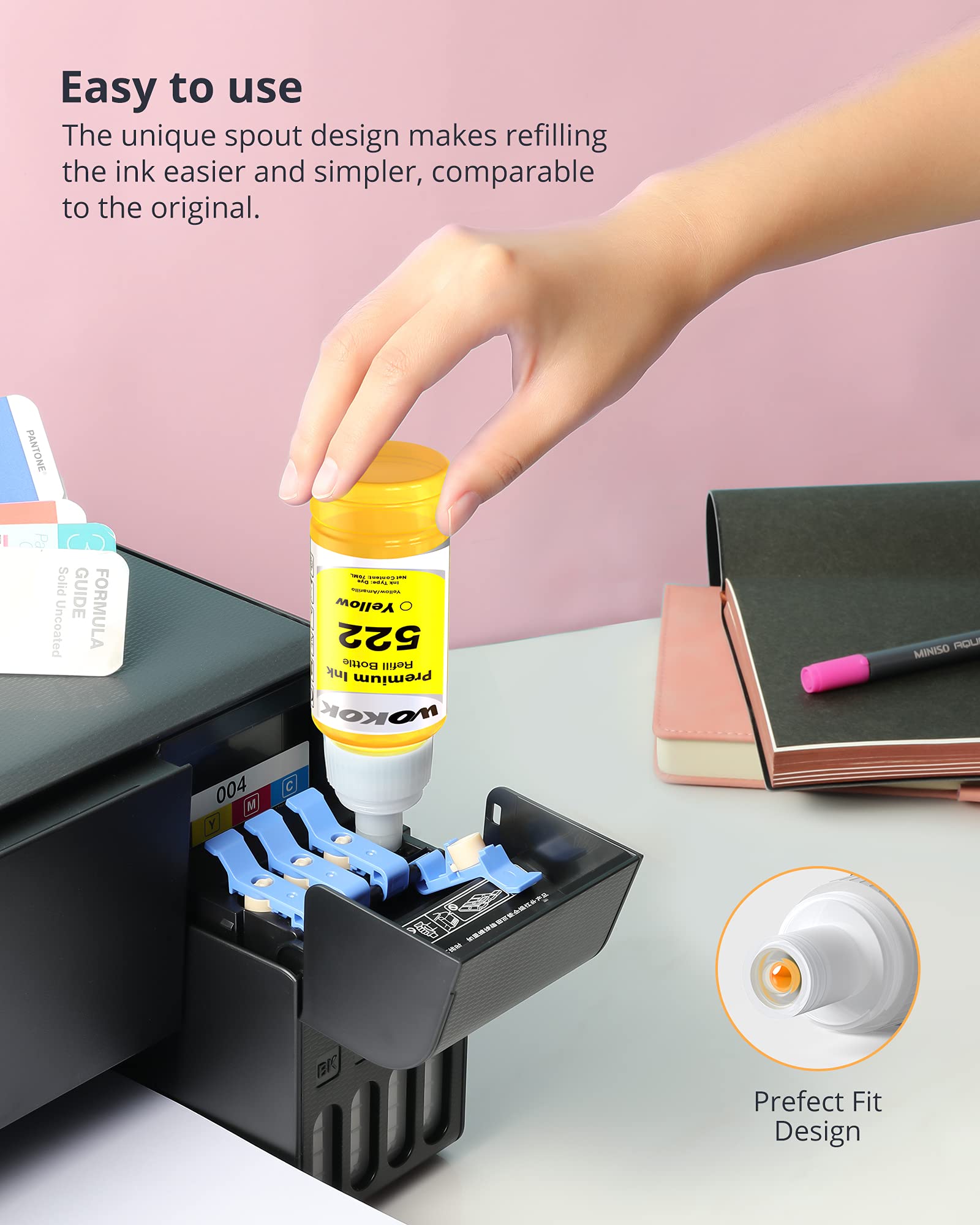 WOKOK Compatible Refill Ink Bottles for EcoTank 522 T522 T522520-S for use with EcoTank ET-2720 ET-2800 ET-2803 ET-4700 Printers (Black, Cyan, Magenta, Yellow) Not Sublimation Ink