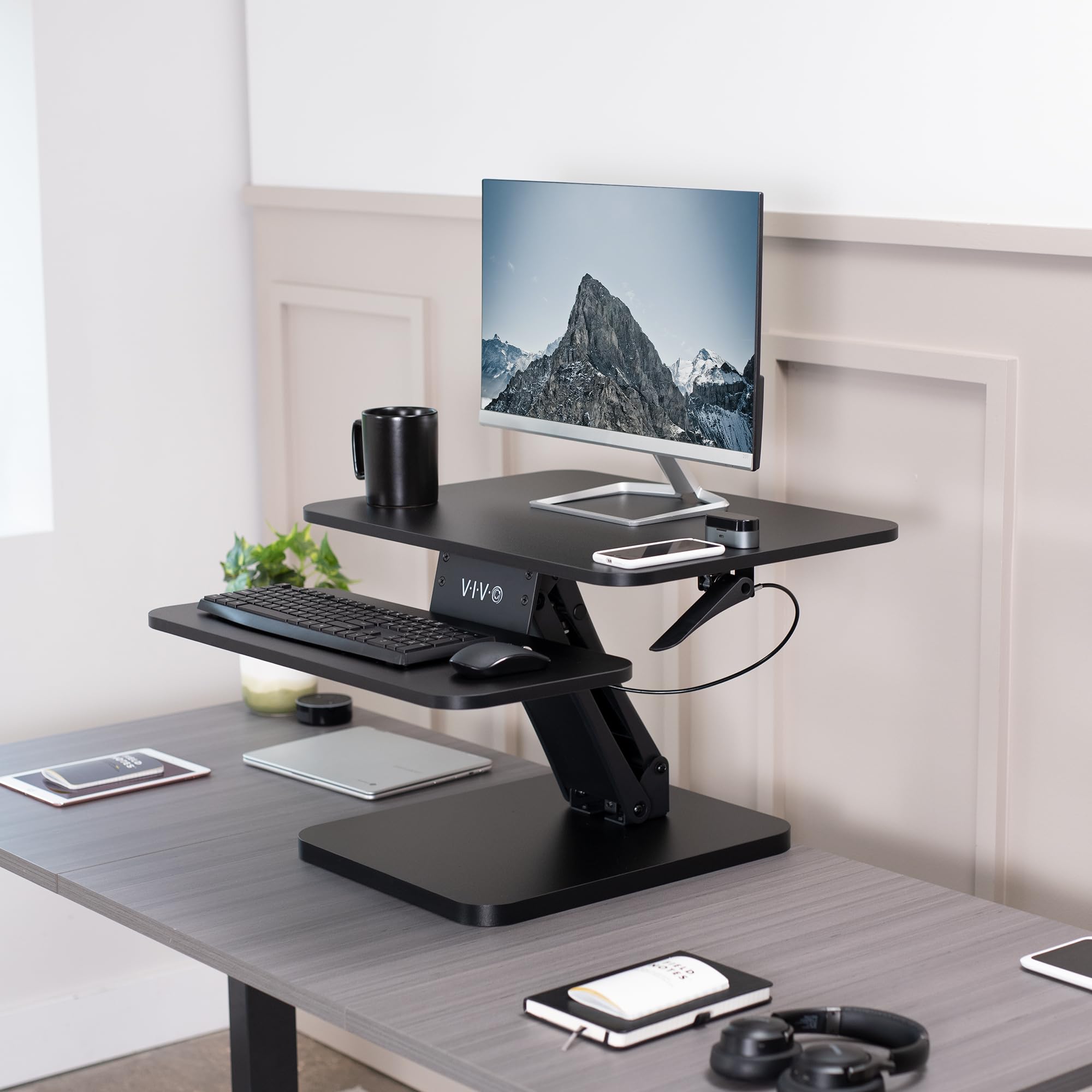 VIVO Black Height Adjustable 25 inch Standing Desk Converter, Compact Sit Stand Tabletop Monitor Riser Workstation, DESK-V001G