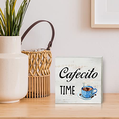 Cafecito Time Wood Box Sign Home Decor Rustic Kitchen Coffee Quote Wooden Box Sign Block Plaque for Wall Tabletop Desk Home Kitchen Decoration 5" x 5"