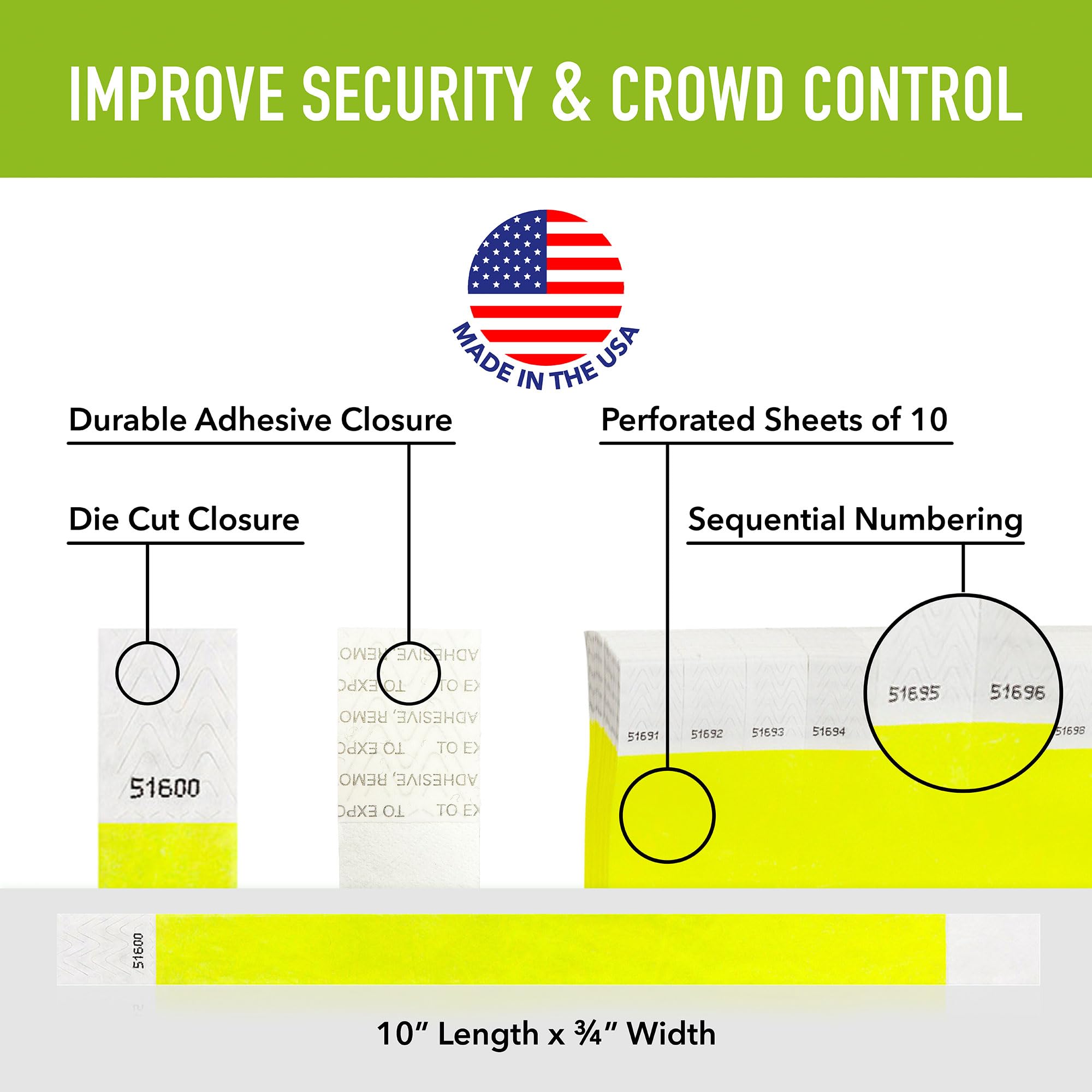 WristCo 3/4" Tyvek Wristbands | Lightweight |Durable | Waterproof | Great for Events and Screening | Neon Yellow | 500 Paper Wristbands