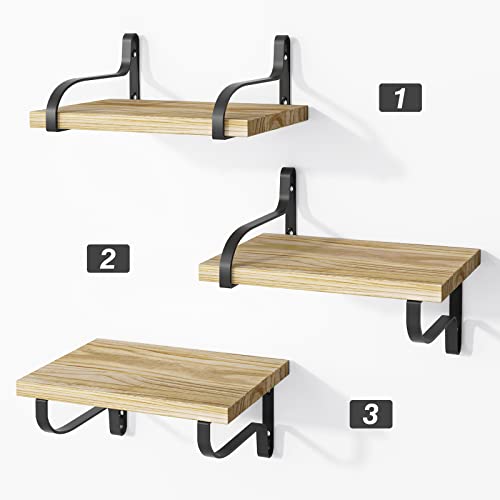 Fixwal Floating Shelves, Wall Mount Rustic Wood Wall Shelves with Large Storage, for Kitchen Living Room Bathroom Bedroom, Set of 3 Carbonized Black (15.8 x 10.6 x 1.2in)