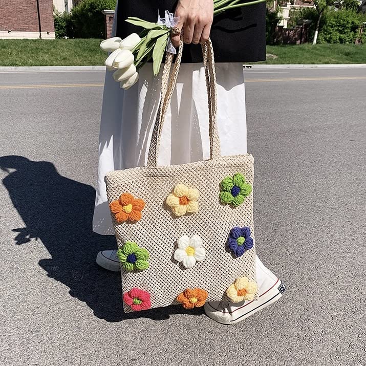 100% Handmade Pom Pom Flowers Straw Tote, Organic Knitted Flowers Womens Bag (Light beige)