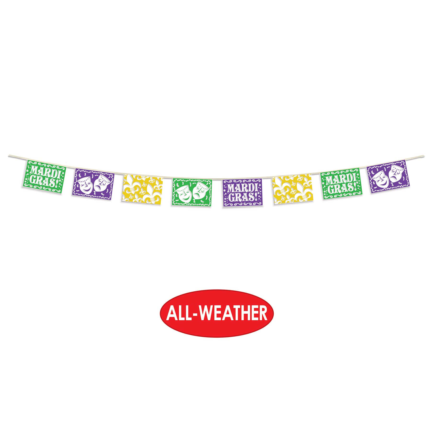 Beistle Weather Plastic Picado Style Pennant Banner Mardi Gras Photography Background Party Decorations New Orleans Hanging Décor, 8" x 12', Green/Yellow/Purple