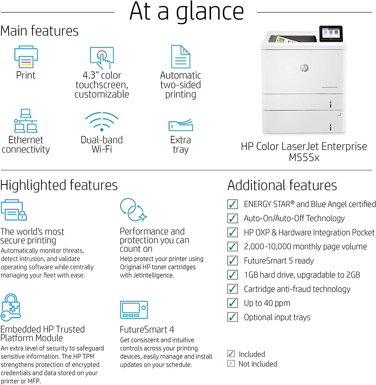 HP Color Laserjet Enterprise M555x Single-Function Wireless Laser Printer with 3 Paper Trays, White - Print only - 4.3" Touchscreen, 40 ppm, 1200 x 1200 dpi, Auto Duplex Printing, Cbmou Printer Cable