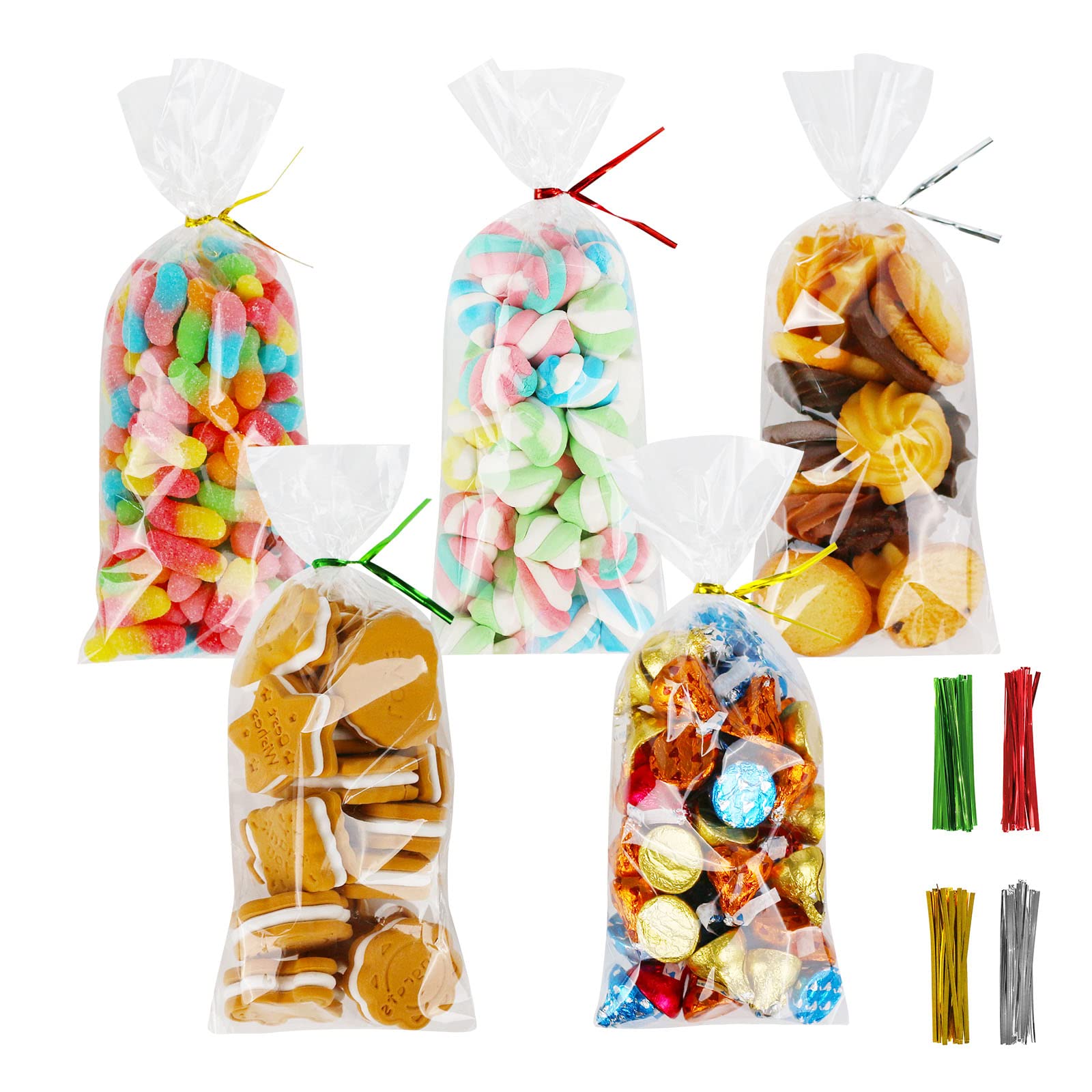 Cellophane Bags,120Pcs 4x9.5 Inch Clear Plastic Cellophane Treat Bags with 4.7" Twist Ties 4 Mix Colors, Large Party Favor Bags Goodies Bags OPP Treat Bags for Birthday Party Favors, Valentines, Easter, Weddings ,Halloween，Christmas Gift Wrapping