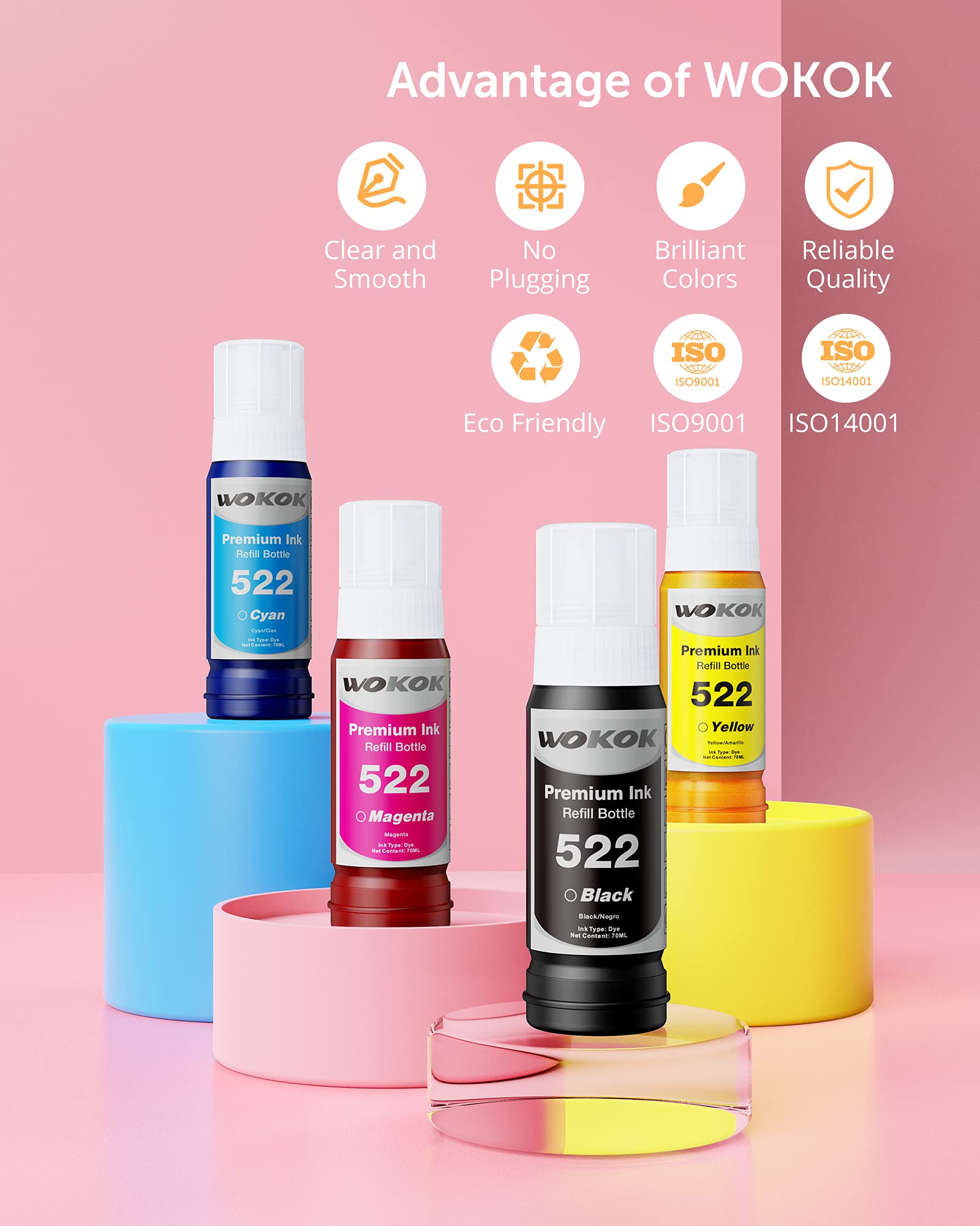 WOKOK Compatible Refill Ink Bottles for EcoTank 522 T522 T522520-S for use with EcoTank ET-2720 ET-2800 ET-2803 ET-4700 Printers (Black, Cyan, Magenta, Yellow) Not Sublimation Ink