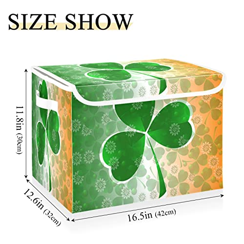 Kigai Saint Patrick Clover Green Shamrock Storage Basket with Lid Collapsible Storage Bin Fabric Box Closet Organizer for Home Bedroom Office 1 Pack