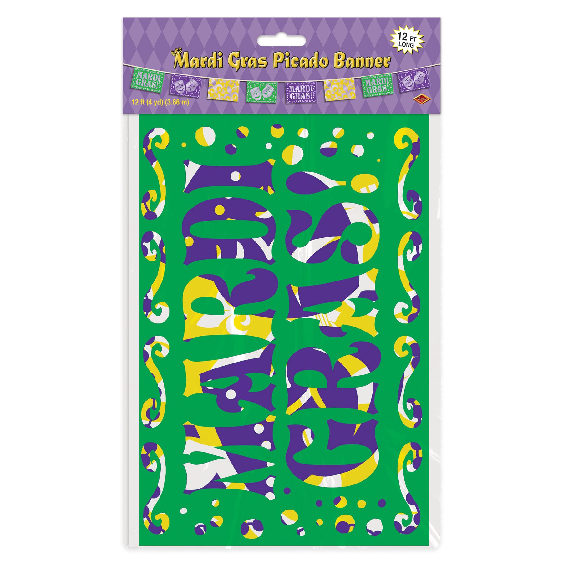 Beistle Weather Plastic Picado Style Pennant Banner Mardi Gras Photography Background Party Decorations New Orleans Hanging Décor, 8" x 12', Green/Yellow/Purple