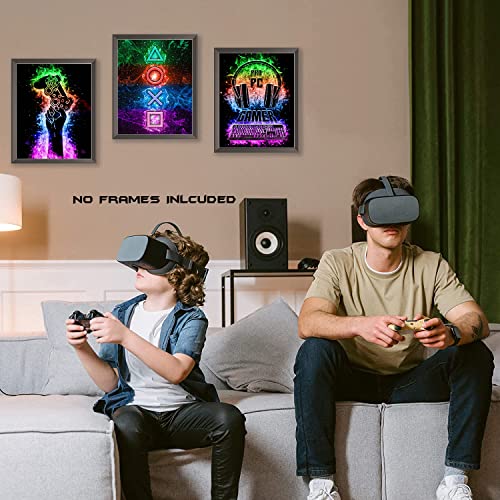 3 Pieces Neon Gaming Posters for Wall Decor, 11"x14" Neon Gamers Handle Playstation Keyboard Headset Canvas Art Posters, Game Wall Art for Teenage Room Playroom Decor, Gamer's Gift, (Unframed Prints)