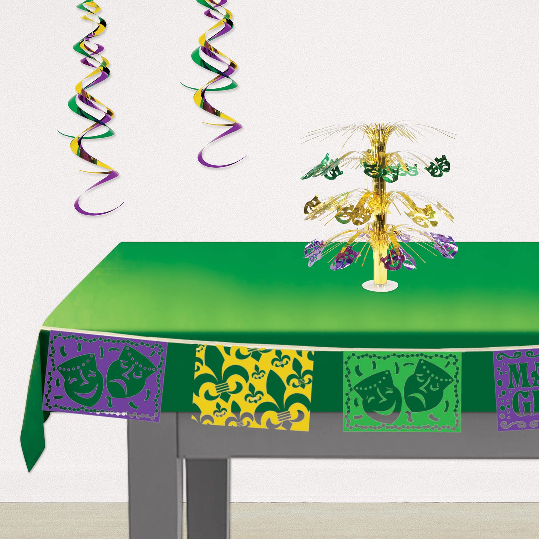 Beistle Weather Plastic Picado Style Pennant Banner Mardi Gras Photography Background Party Decorations New Orleans Hanging Décor, 8" x 12', Green/Yellow/Purple