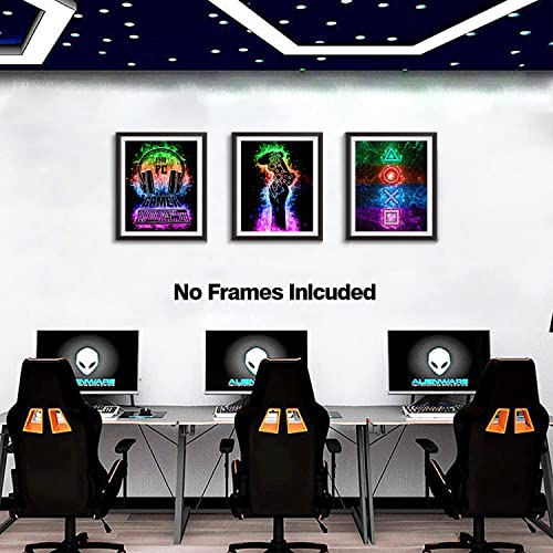 3 Pieces Neon Gaming Posters for Wall Decor, 11"x14" Neon Gamers Handle Playstation Keyboard Headset Canvas Art Posters, Game Wall Art for Teenage Room Playroom Decor, Gamer's Gift, (Unframed Prints)