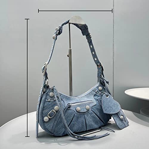 Cross Body Bag Purses for Women Shoulder Bag in Blue Denim With Rhinestons Fashion Rivet Punk Bag