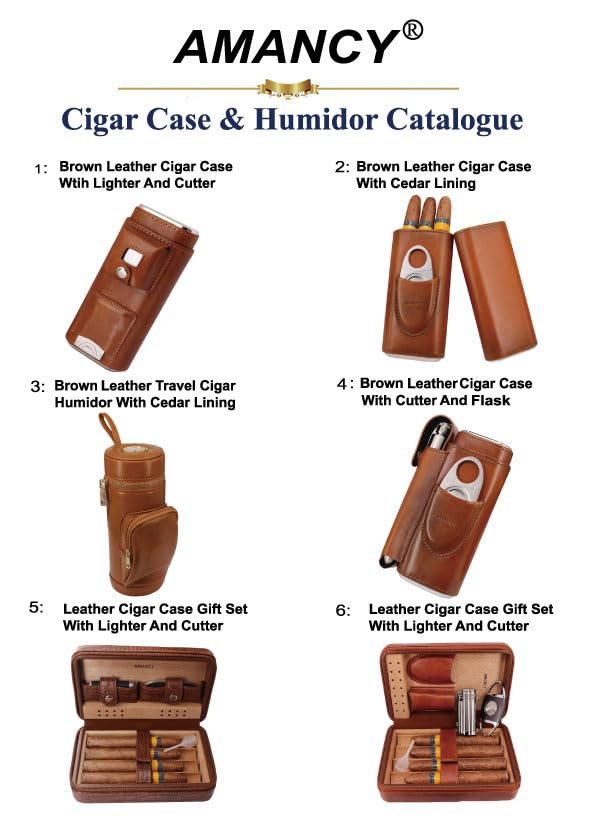 AMANCY Premium Brown Leather Travel Cigar Case,Luxury Portable Cigar Humidor W/Quality Cigar Cutter Lighter Set