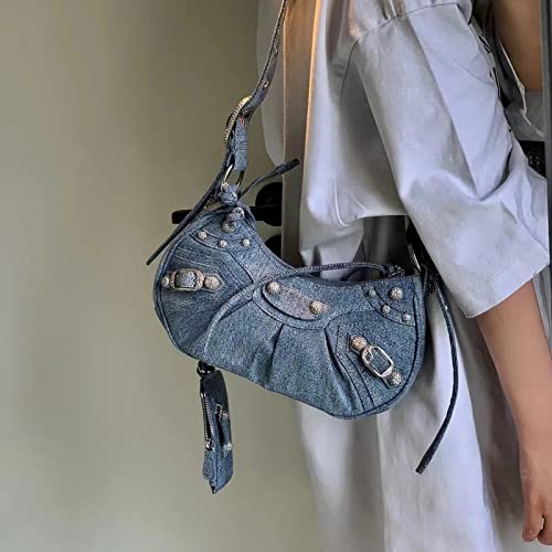 Cross Body Bag Purses for Women Shoulder Bag in Blue Denim With Rhinestons Fashion Rivet Punk Bag