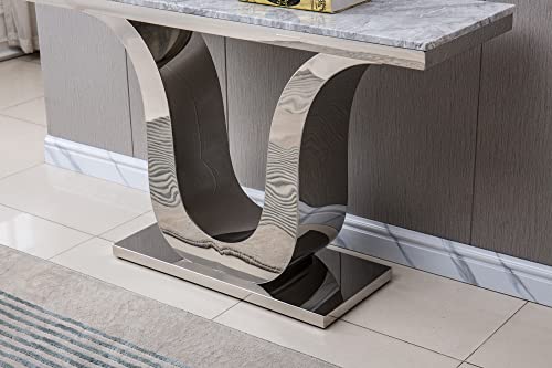 SSLine Modern Silver Console Table Luxury Grey Genuine Marble Console Table with Mirrored Stainless Steel Pedestal Base 50" Rectangular Entryway Hall Tables for Living Room Hallway