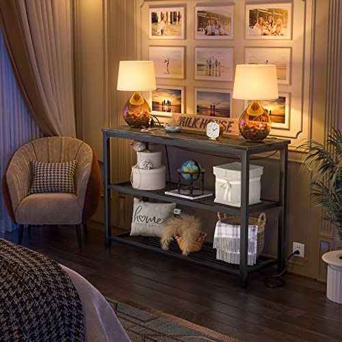 Ecoprsio Console Table with Outlets, Sofa Table with Double Mesh Shelves, Industrial Entryway Table Foyer Table for Entryway, Front Hall, Hallway, Sofa, Couch, Living Room, Coffee Bar, Kitchen, Grey