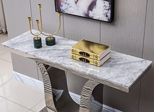 SSLine Modern Silver Console Table Luxury Grey Genuine Marble Console Table with Mirrored Stainless Steel Pedestal Base 50" Rectangular Entryway Hall Tables for Living Room Hallway