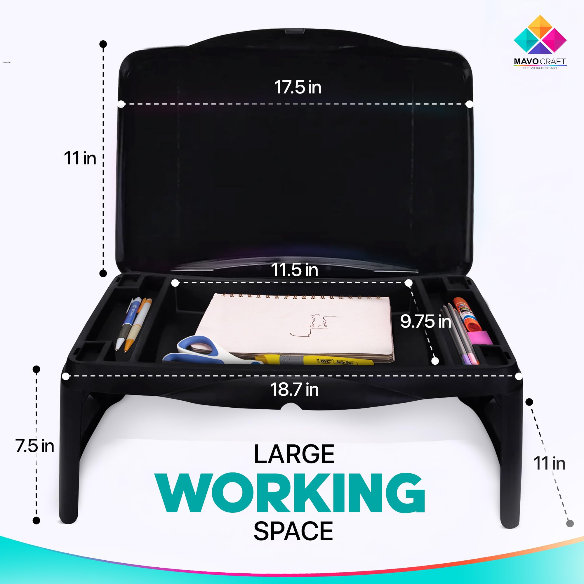 Folding Lap Desk, Laptop Desk, Breakfast Table, Bed Table, Serving Tray - The lapdesk Contains Extra Storage Space and dividers & Folds Very Easy, Great for Kids, Adults, Boys, Girls (Black)