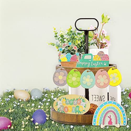 10 Pcs Easter Farmhouse Tiered Tray Decor Wooden Rabbits Tiered Tray Items Bunny Eggs Truck Basket Mini Wooden Trays Signs Spring Tabletop Signs for Home Farmhouse Rustic Kitchen Decorations