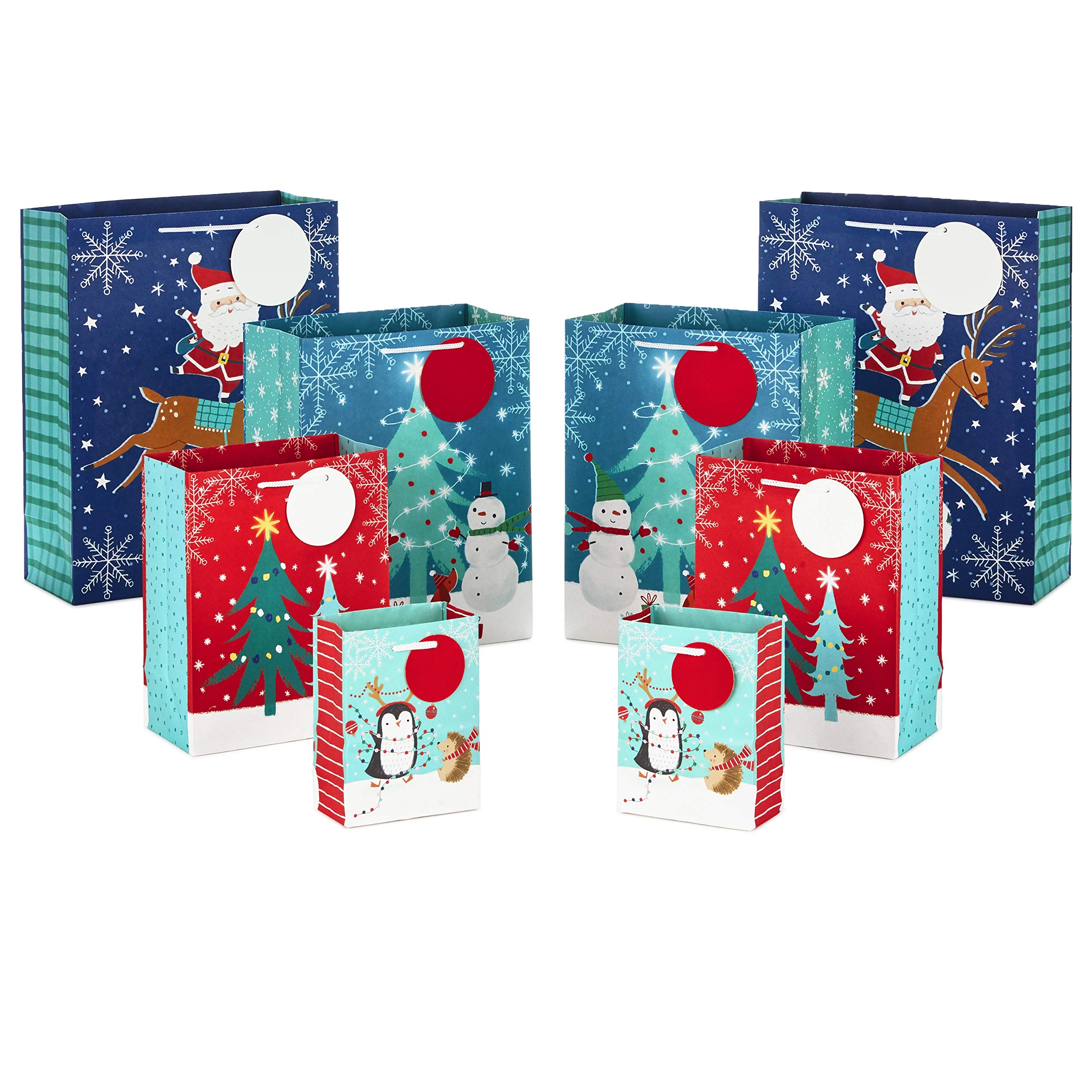 Hallmark Christmas Gift, Assorted Sizes (8 Bags: 2 Small 5", 2 Medium 8", 2 Large 11", 2 Extra Large 14") Penguins, Hedgehogs, Santa Claus, Snowmen, Trees