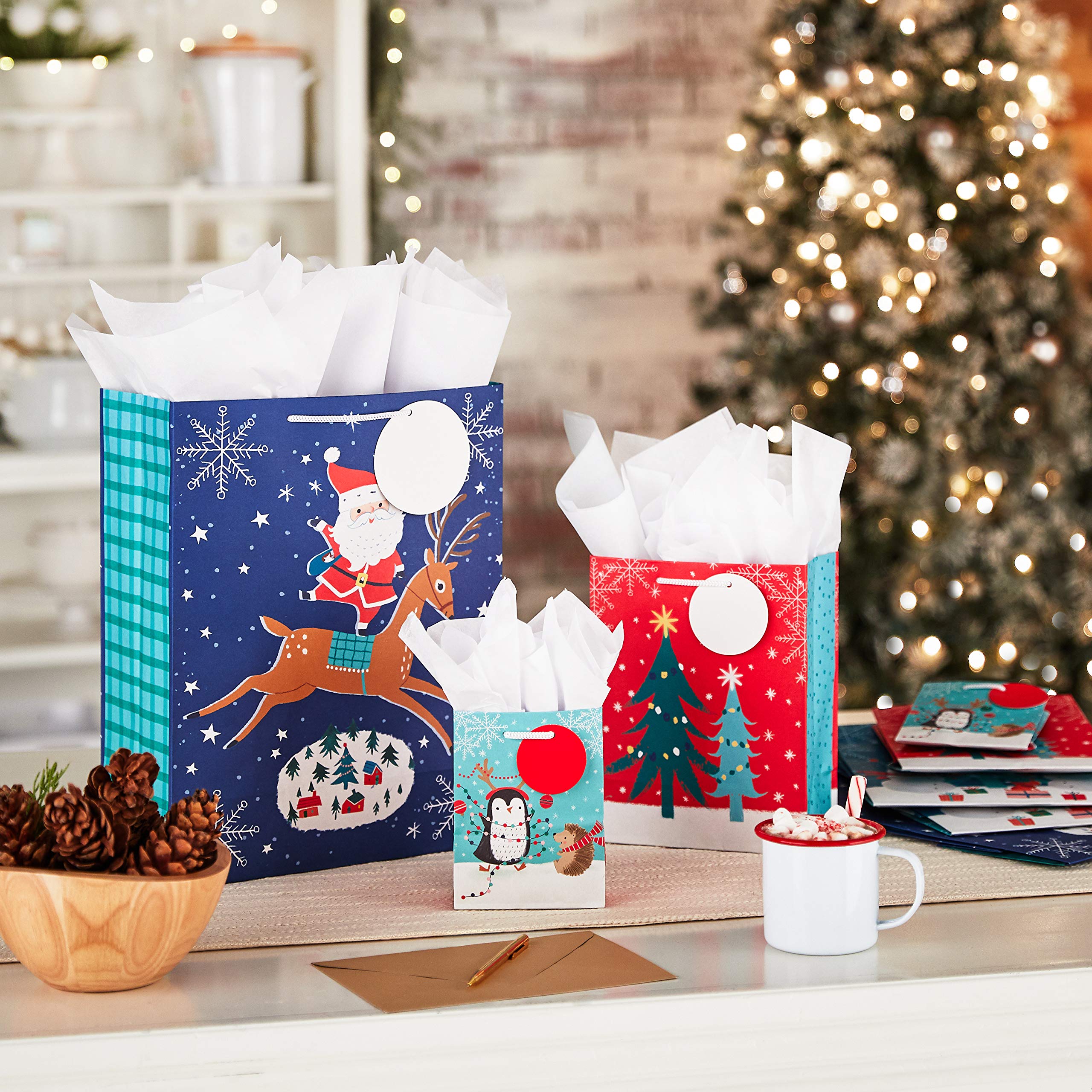 Hallmark Christmas Gift, Assorted Sizes (8 Bags: 2 Small 5", 2 Medium 8", 2 Large 11", 2 Extra Large 14") Penguins, Hedgehogs, Santa Claus, Snowmen, Trees