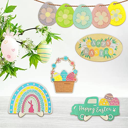 10 Pcs Easter Farmhouse Tiered Tray Decor Wooden Rabbits Tiered Tray Items Bunny Eggs Truck Basket Mini Wooden Trays Signs Spring Tabletop Signs for Home Farmhouse Rustic Kitchen Decorations