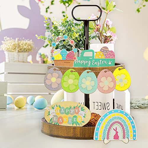 10 Pcs Easter Farmhouse Tiered Tray Decor Wooden Rabbits Tiered Tray Items Bunny Eggs Truck Basket Mini Wooden Trays Signs Spring Tabletop Signs for Home Farmhouse Rustic Kitchen Decorations