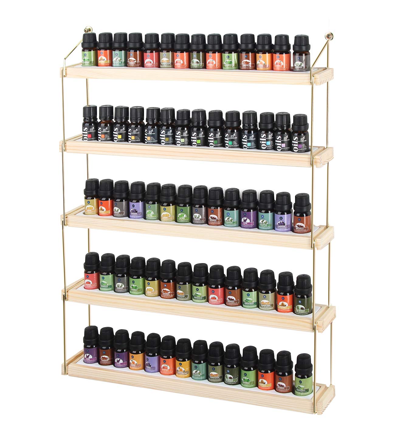 J JACKCUBE DESIGN Wall Mount Essential Oils Display Shelf with 5 Tier for 70 Bottles Holder Gold Frame and Wood Rack Organizer - MK482B