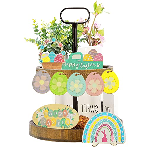 10 Pcs Easter Farmhouse Tiered Tray Decor Wooden Rabbits Tiered Tray Items Bunny Eggs Truck Basket Mini Wooden Trays Signs Spring Tabletop Signs for Home Farmhouse Rustic Kitchen Decorations