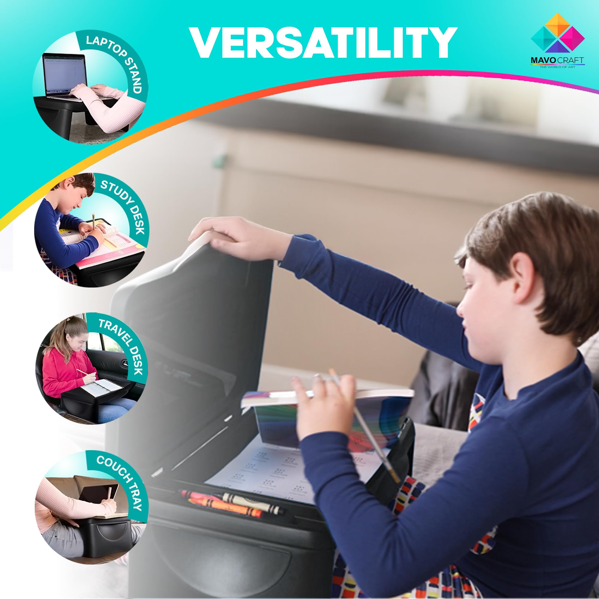 Folding Lap Desk, Laptop Desk, Breakfast Table, Bed Table, Serving Tray - The lapdesk Contains Extra Storage Space and dividers & Folds Very Easy, Great for Kids, Adults, Boys, Girls (Black)
