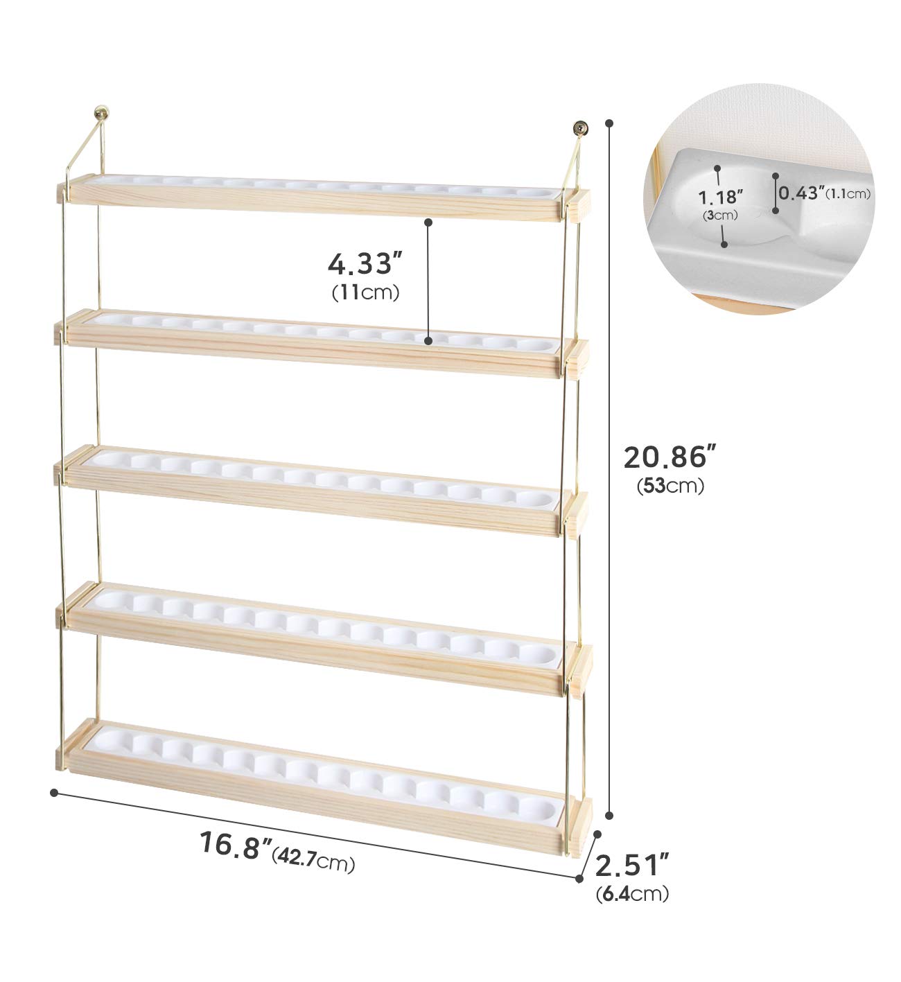 J JACKCUBE DESIGN Wall Mount Essential Oils Display Shelf with 5 Tier for 70 Bottles Holder Gold Frame and Wood Rack Organizer - MK482B