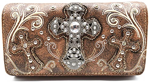 Western Style Rhinestone Cross Tote Concealed Carry Purse Laser Cut Handbag Women Shoulder Bag Wallet Set (#2 Brown)