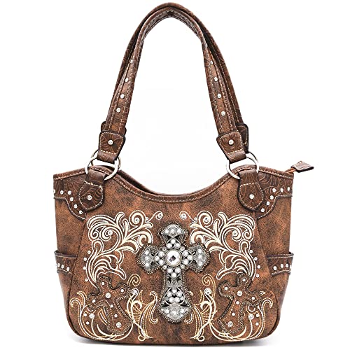 Western Style Rhinestone Cross Tote Concealed Carry Purse Laser Cut Handbag Women Shoulder Bag Wallet Set (#2 Brown)