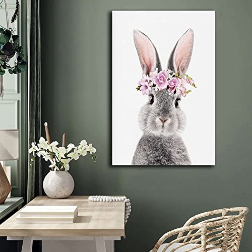 Canvas Painting Posters and Print Bunny Print Nursery Rabbit Bunny Portrait Easter Bunny Wall Art Bunny With Flower Crown Bunny Art Bunny With Flowers Kitchen Dining Room Wall Decor 16x24inch-without Frame