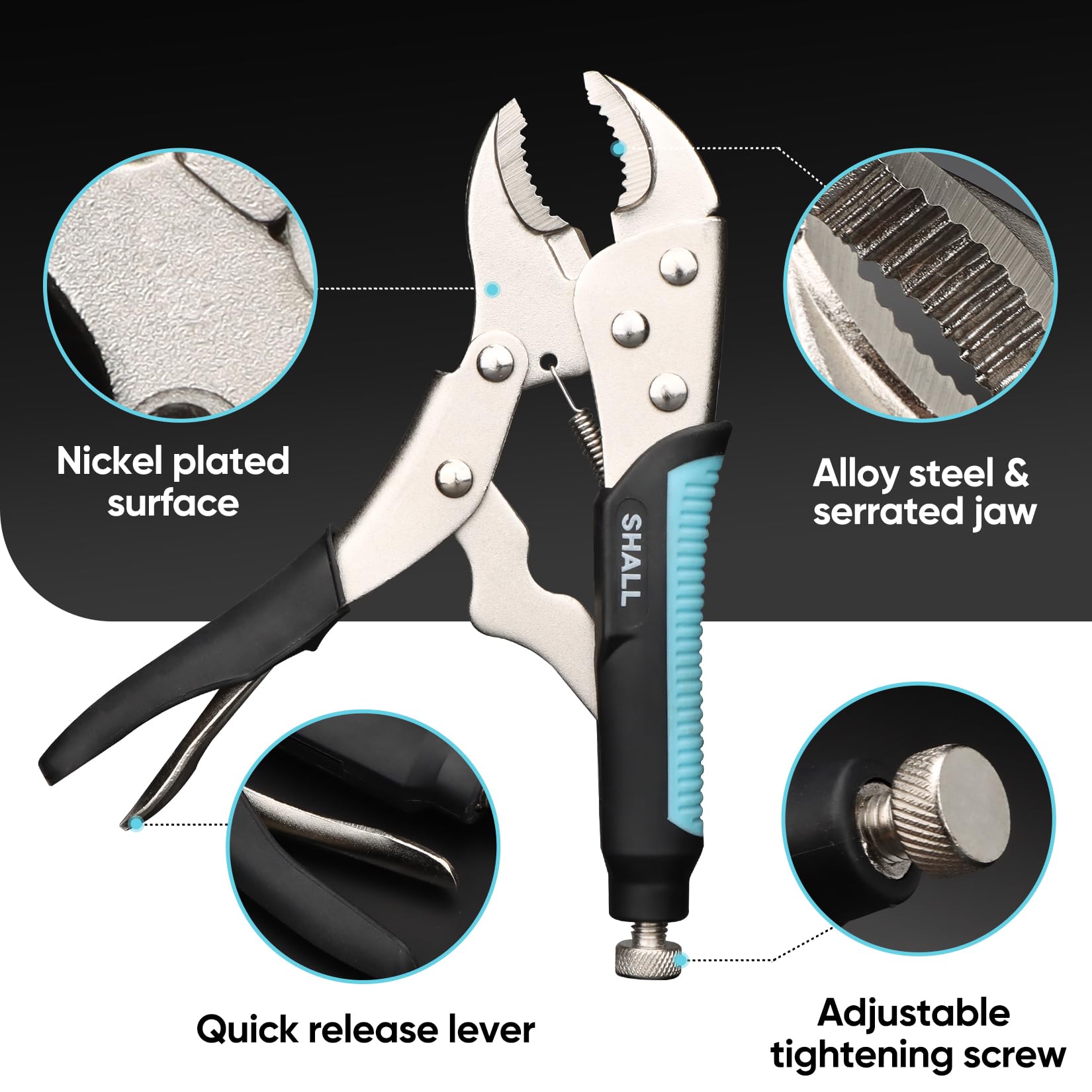 SHALL 6-Piece Locking Pliers, Vice Grips Pliers Set, 5",7" & 10" Curved Jaw Locking Pliers, 6-1/2" & 9-1/2 Long Nose Locking Pliers, 6" Locking C-Clamp, Two-Color TPR Handle, Roll Up Pouch Included