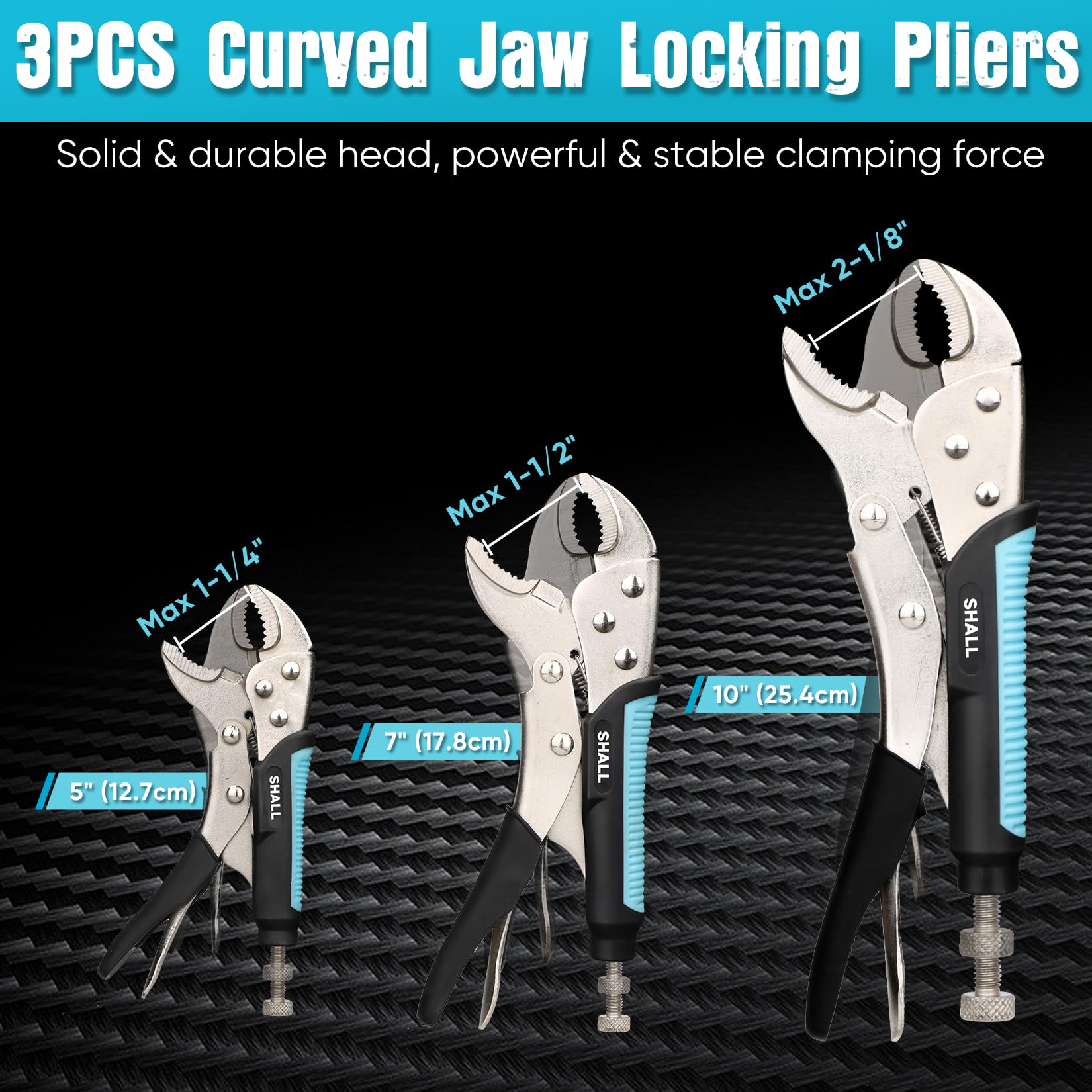 SHALL 6-Piece Locking Pliers, Vice Grips Pliers Set, 5",7" & 10" Curved Jaw Locking Pliers, 6-1/2" & 9-1/2 Long Nose Locking Pliers, 6" Locking C-Clamp, Two-Color TPR Handle, Roll Up Pouch Included