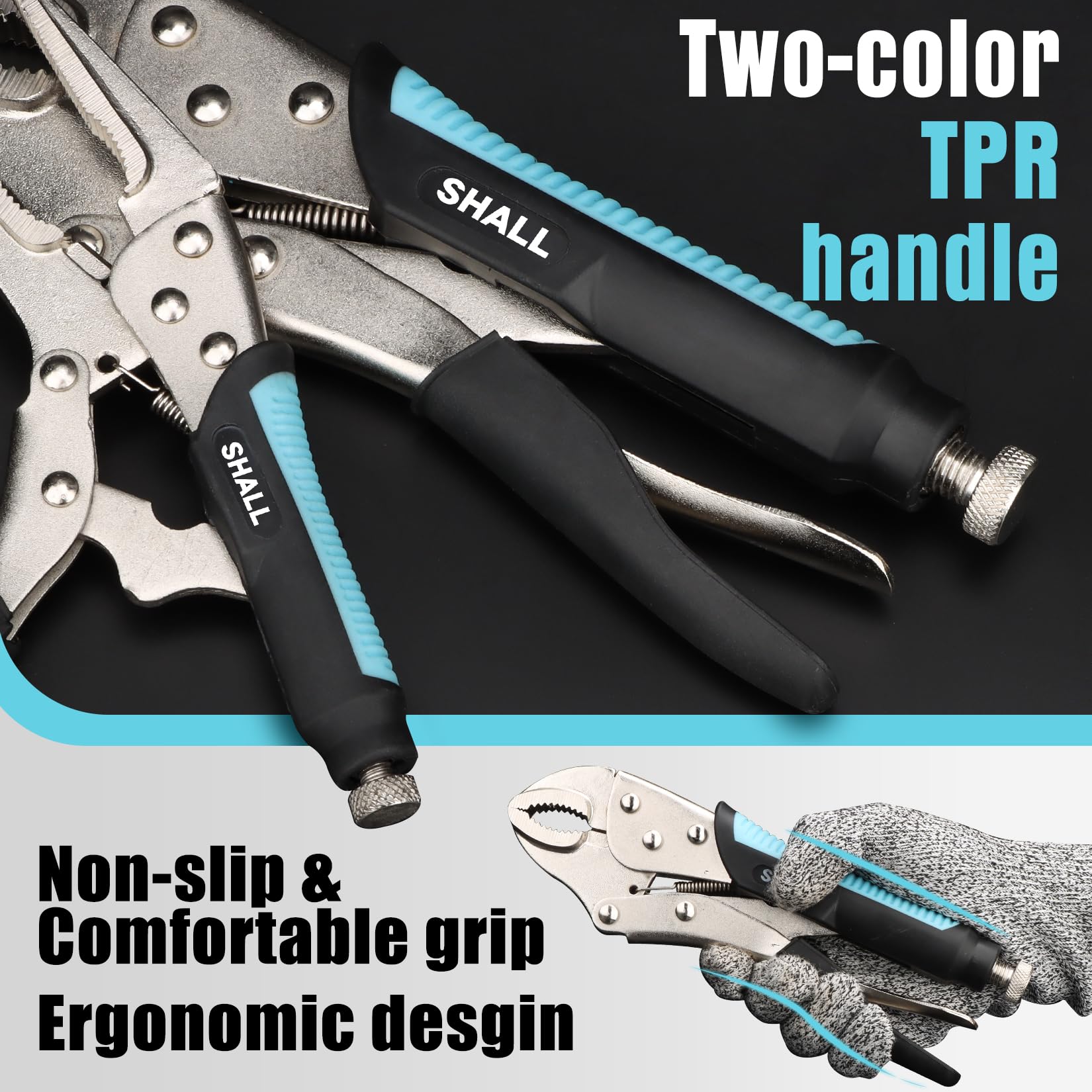 SHALL 6-Piece Locking Pliers, Vice Grips Pliers Set, 5",7" & 10" Curved Jaw Locking Pliers, 6-1/2" & 9-1/2 Long Nose Locking Pliers, 6" Locking C-Clamp, Two-Color TPR Handle, Roll Up Pouch Included