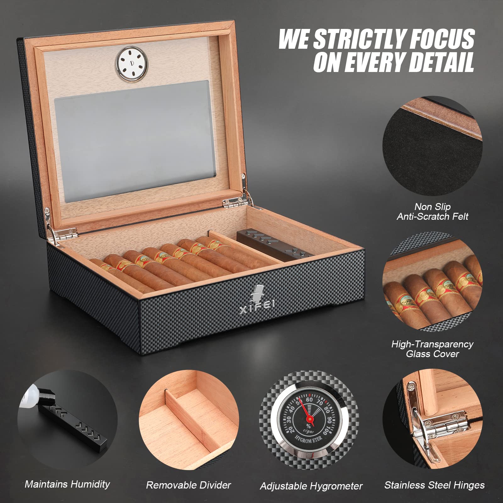 XIFEI Cigar Humidor, Glass Top Carbon Fiber Texture top Inlay Hygrometer,Including Cigar humidifier, Acrylic Cigar Stand,Cigar Ashtray and Humidor Solution, Holds 25-60 Cigars (9IN*7.5 * 2.8)