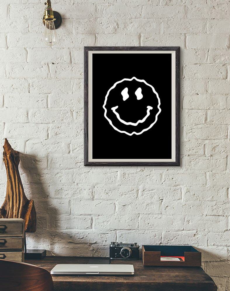 PRINT UP Smiley Poster Wave Face, Trippy Room Decor, Cool Modern Funny Posters for College Dorm, Grunge Black Poster 12x16 (UNFRAMED)