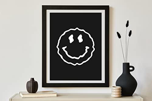 PRINT UP Smiley Poster Wave Face, Trippy Room Decor, Cool Modern Funny Posters for College Dorm, Grunge Black Poster 12x16 (UNFRAMED)