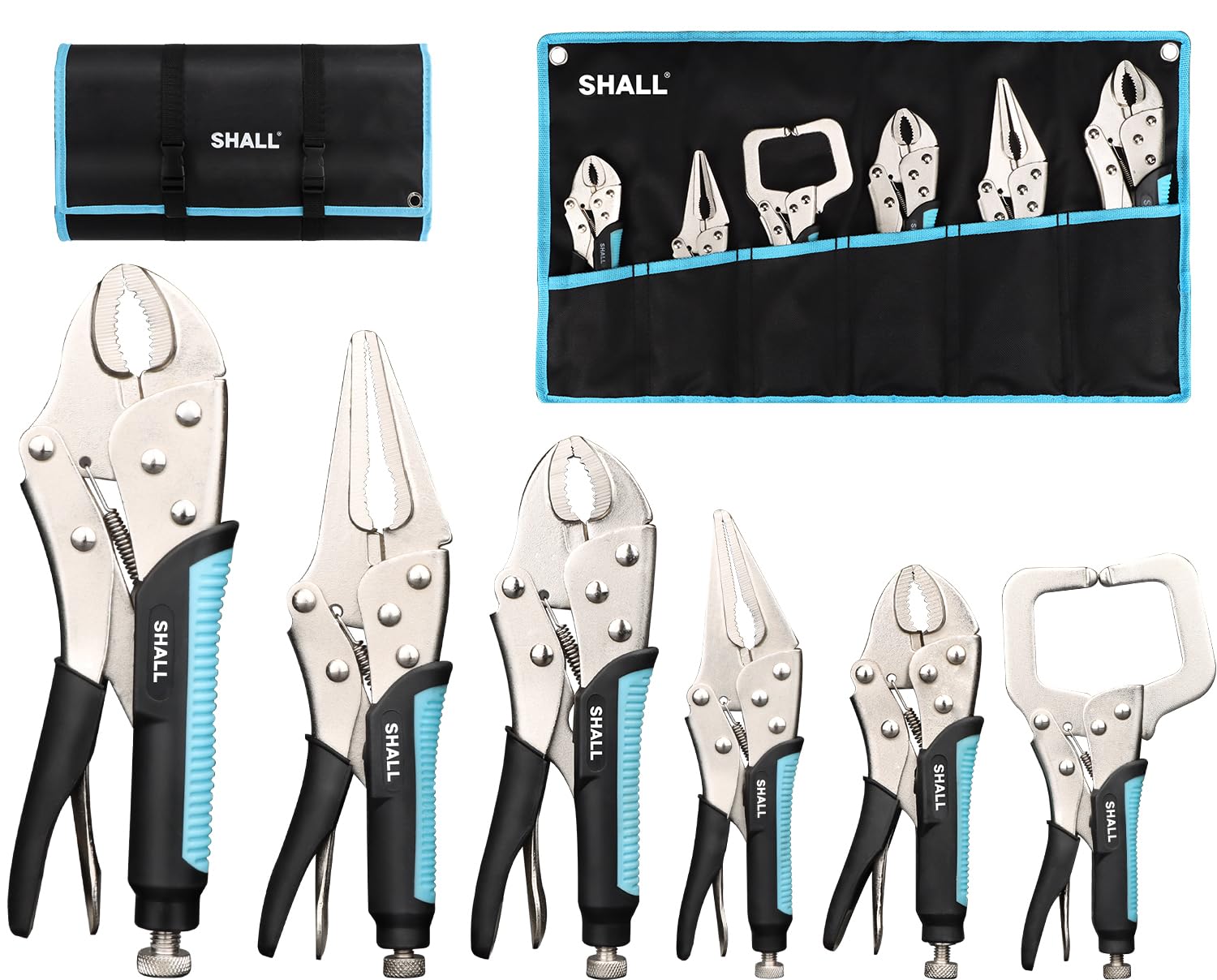 SHALL 6-Piece Locking Pliers, Vice Grips Pliers Set, 5",7" & 10" Curved Jaw Locking Pliers, 6-1/2" & 9-1/2 Long Nose Locking Pliers, 6" Locking C-Clamp, Two-Color TPR Handle, Roll Up Pouch Included