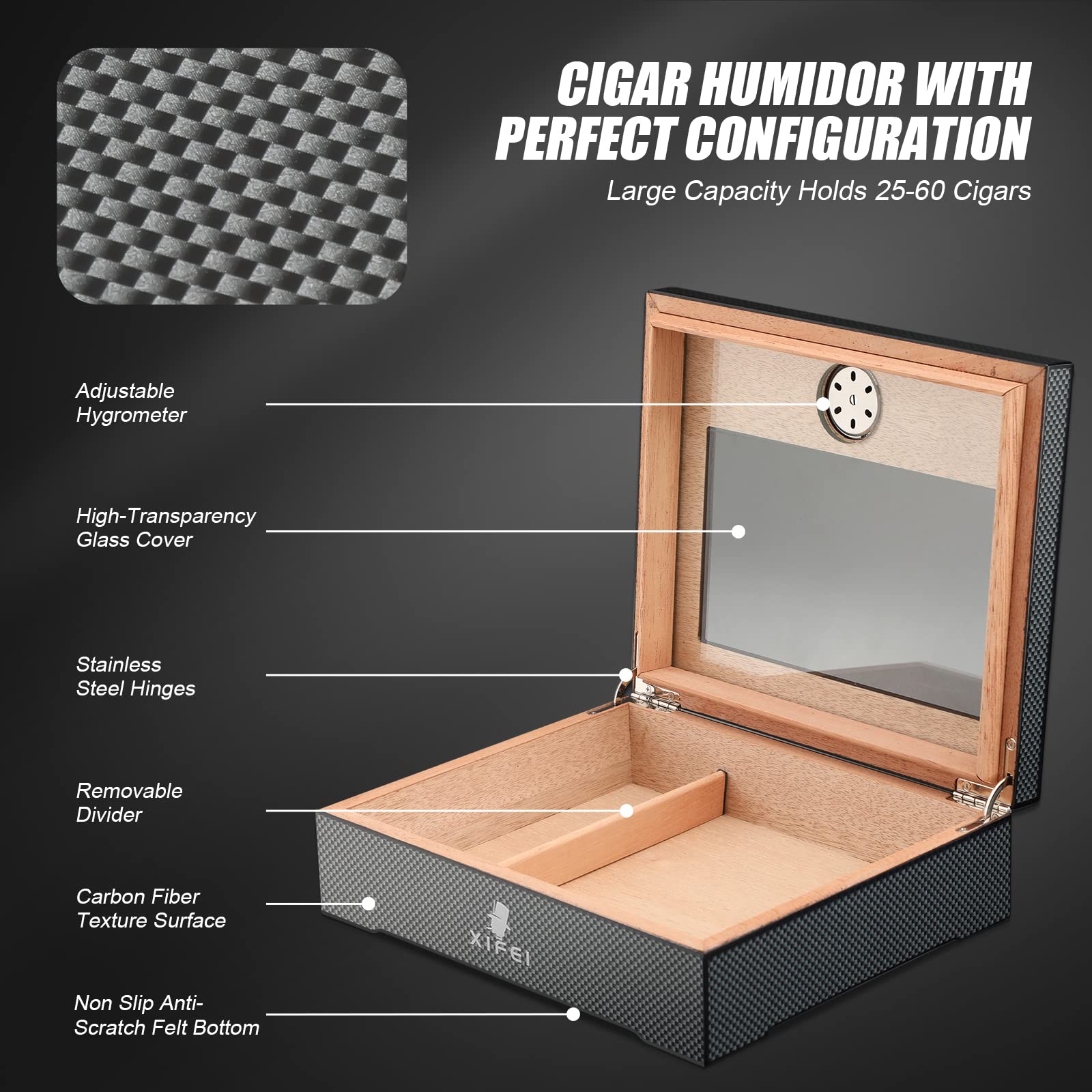 XIFEI Cigar Humidor, Glass Top Carbon Fiber Texture top Inlay Hygrometer,Including Cigar humidifier, Acrylic Cigar Stand,Cigar Ashtray and Humidor Solution, Holds 25-60 Cigars (9IN*7.5 * 2.8)