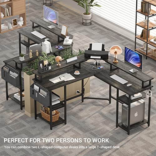 Aheaplus L Shaped Gaming Desk with Power Outlets & LED Lights, L- Shaped Desk Computer Corner Desk with Monitor Stand and Storage Shelf, Home Office Desk Writing Desk with Storage Bag, Grey Oak