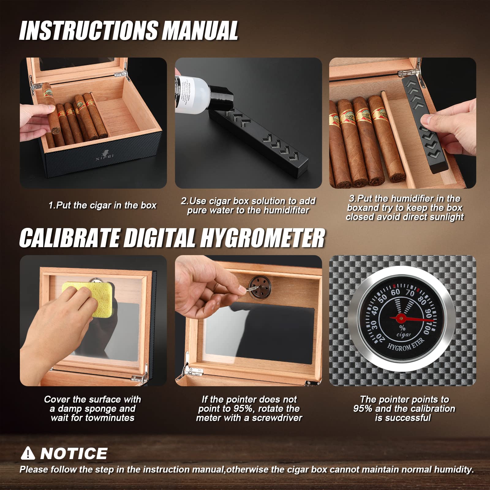 XIFEI Cigar Humidor, Glass Top Carbon Fiber Texture top Inlay Hygrometer,Including Cigar humidifier, Acrylic Cigar Stand,Cigar Ashtray and Humidor Solution, Holds 25-60 Cigars (9IN*7.5 * 2.8)