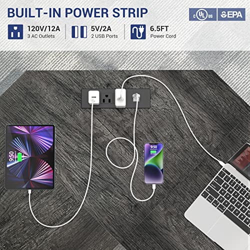 Aheaplus L Shaped Gaming Desk with Power Outlets & LED Lights, L- Shaped Desk Computer Corner Desk with Monitor Stand and Storage Shelf, Home Office Desk Writing Desk with Storage Bag, Grey Oak