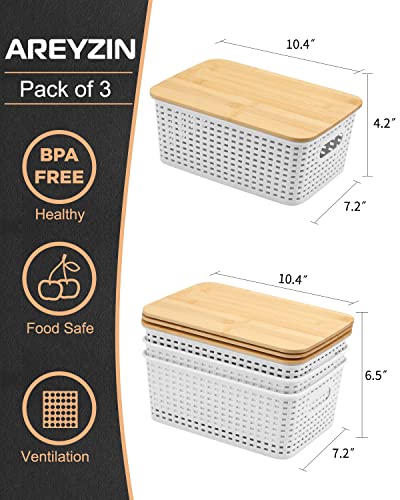 EOENVIVS Plastic Storage Baskets With Bamboo Lid Pantry Organization and StorageĀ Containers Lidded Organizer Bins Small Baskets for Shelves Drawers Desktop Closet Playroom Classroom Office, 3 Pack