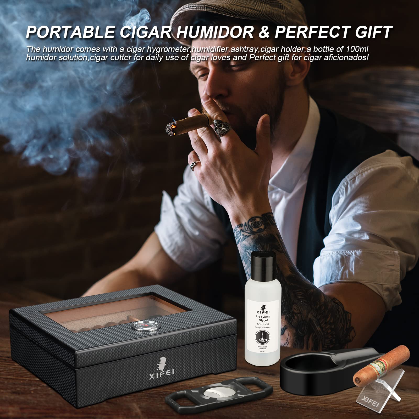 XIFEI Cigar Humidor, Glass Top Carbon Fiber Texture top Inlay Hygrometer,Including Cigar humidifier, Acrylic Cigar Stand,Cigar Ashtray and Humidor Solution, Holds 25-60 Cigars (9IN*7.5 * 2.8)