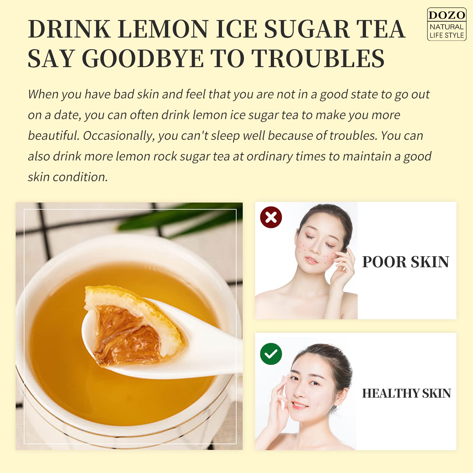 DOZO Rock Sugar Lemon Tea Lemon Honey Rock Candy 14.11oz/400g Yellow Lump Rock Sugar with Lemon Sugar Cubes Lemon Honey Candy Caffeine Free Individual Package 柠檬蜂蜜冰糖